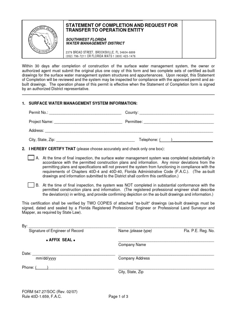 Statement OF Completion AND Request FOR Transfer TO Operation Entity ...