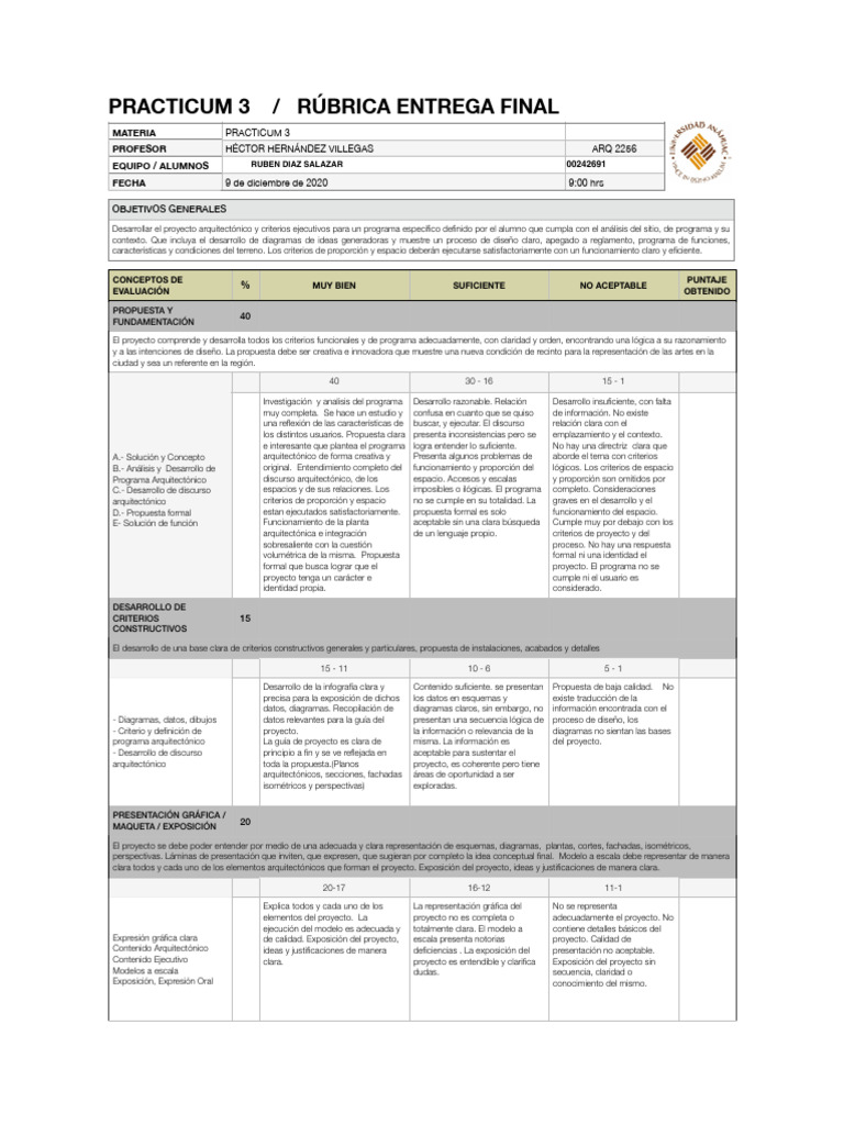 Rubrica - Final p3 2020 Ago | Descargar gratis PDF | Diseño | Infografia