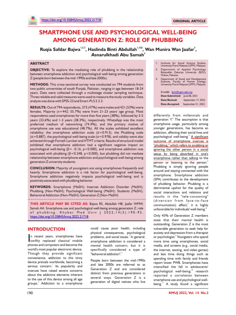 Smartphone Use and Psychological Well-Being Among Generation Z: Role of Phubbing | PDF | Well ...