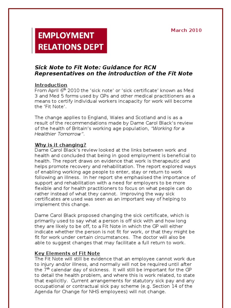 Sick Note To Fit Note: Guidance For RCN Representatives On The ...