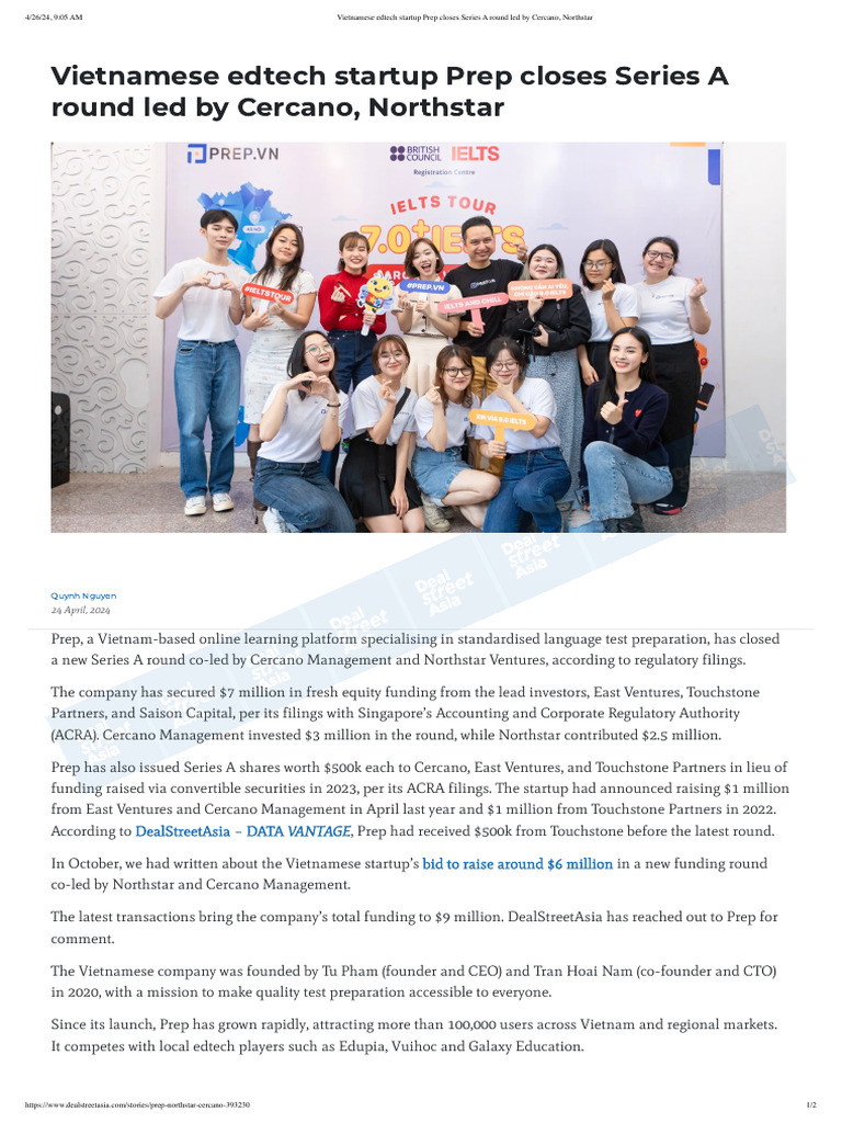 Vietnamese Edtech Startup Prep Closes Series A Round Led by Cercano, Northstar | PDF | Startup ...