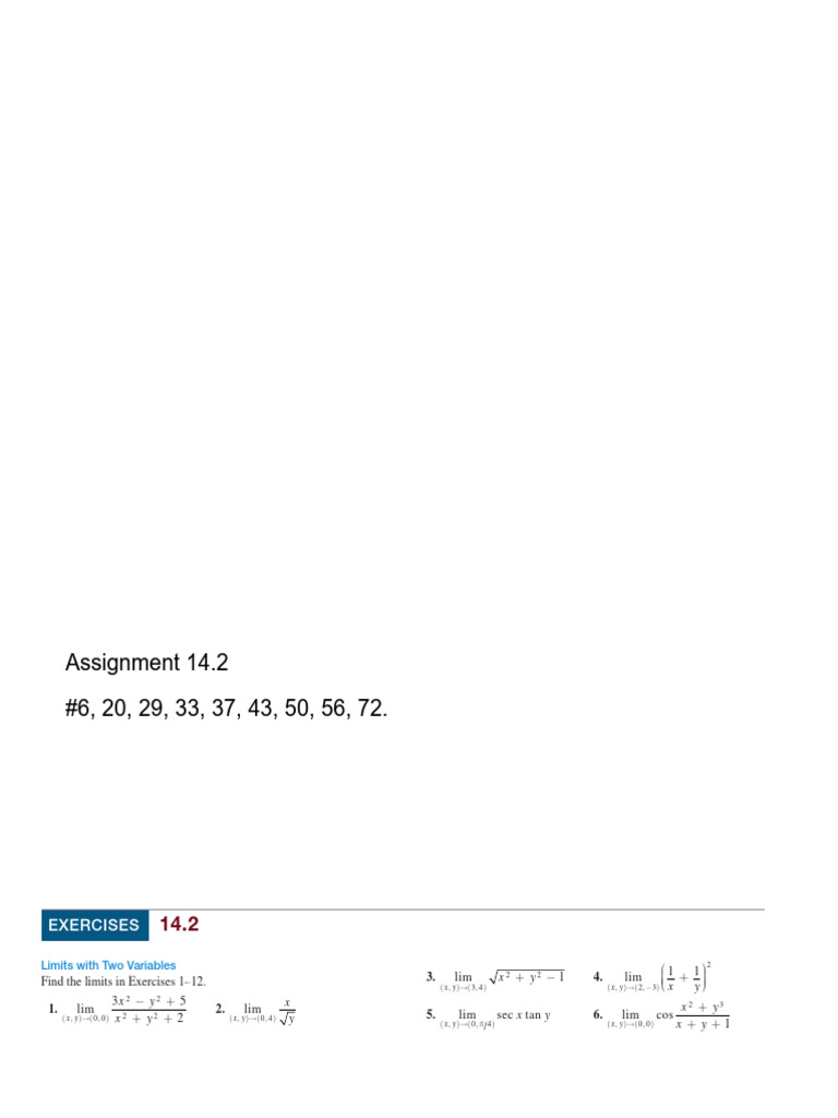 Assignment 14.2 #6, 20, 29, 33, 37, 43, 50, 56, 72.: Exercises | PDF ...