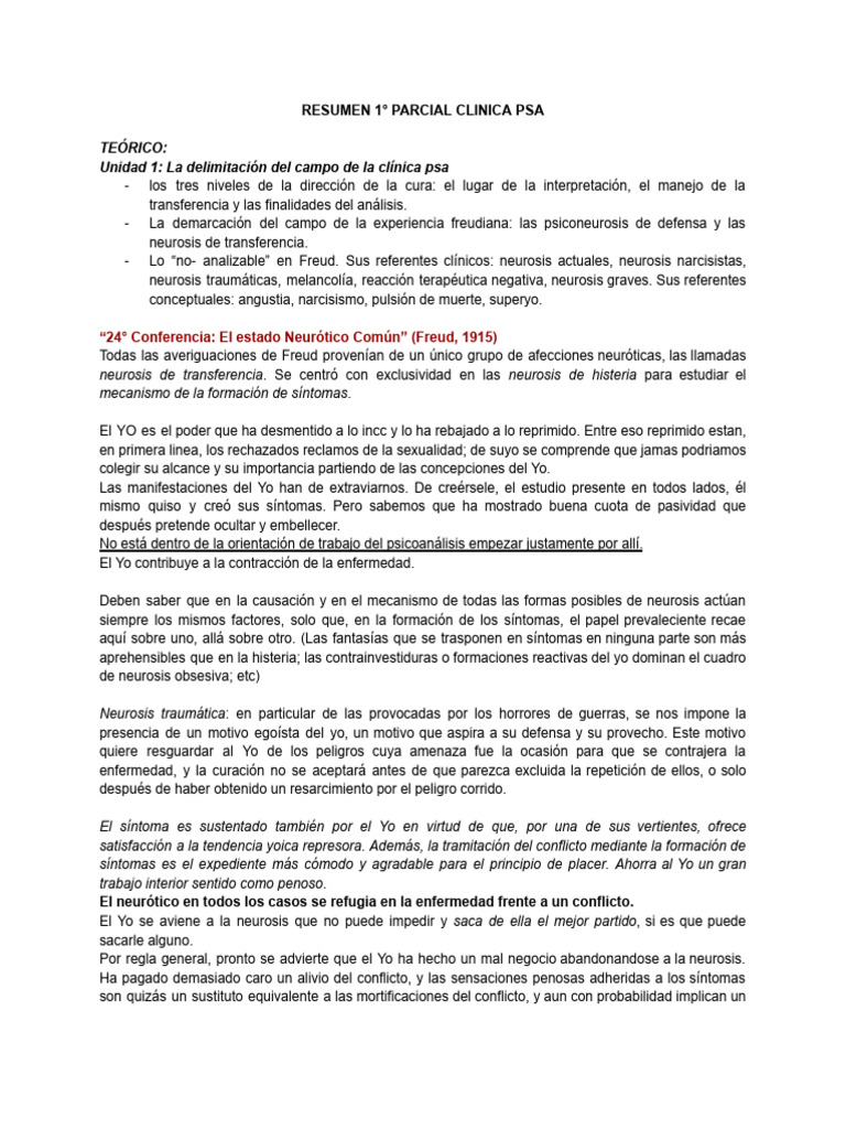 Resumen 1° Parcial Clinica PSA | PDF | Neurosis | Psicoanálisis