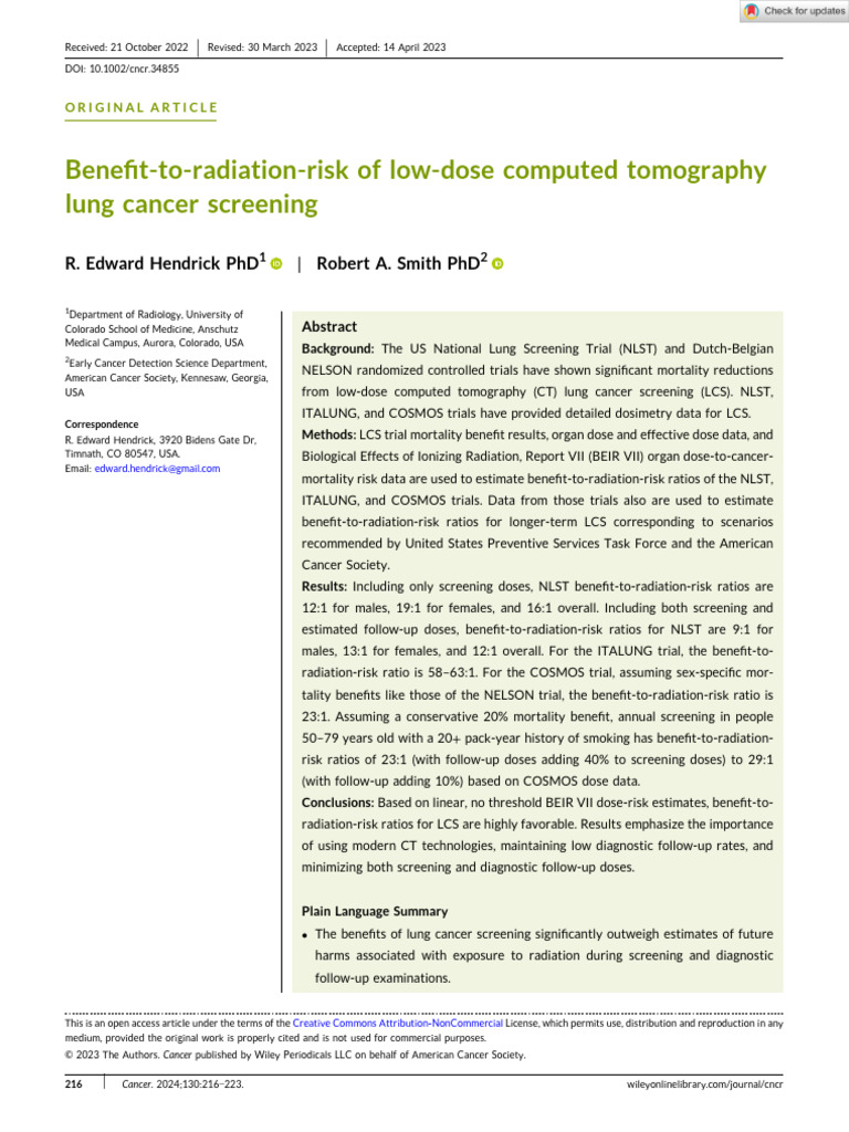 2023 Benefit To Radiation Risk Of Low Dose Computed Tomography Lung Cancer Screening Pdf Ct