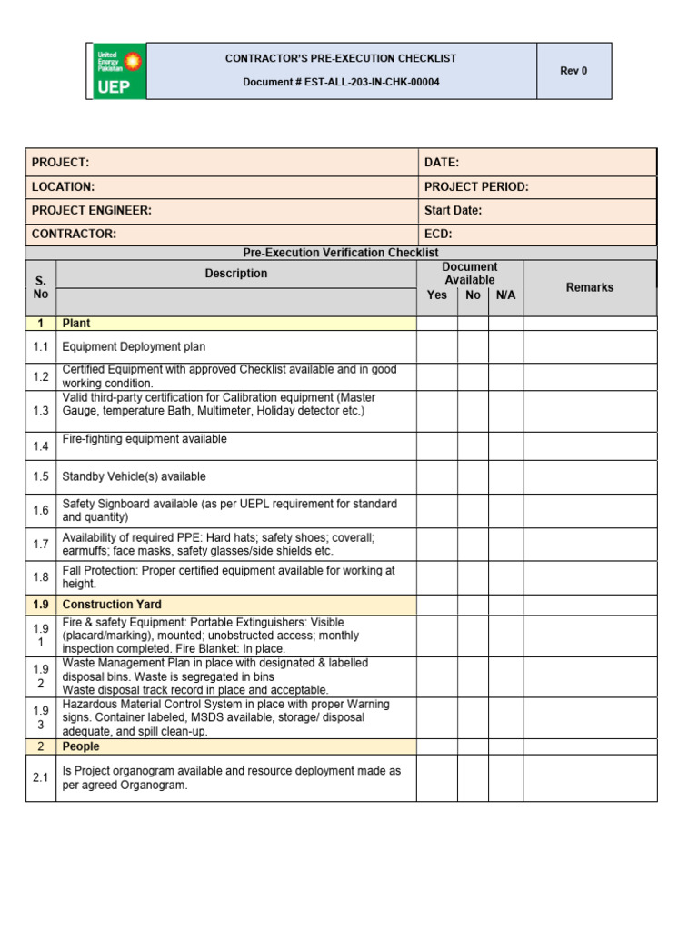 5.1 Contractor Pre-Execution Checklist PDF | PDF | Personal Protective ...