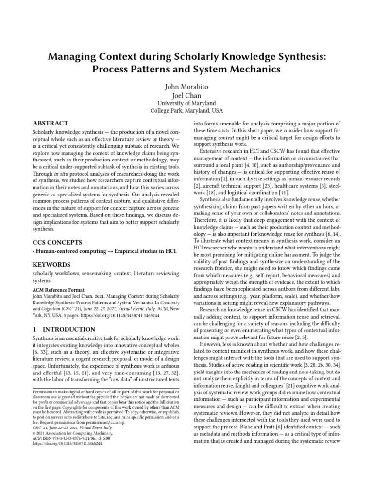 Morabito - Chan - 2021 - Managing Context During Scholarly Knowledge Synthesis | PDF ...