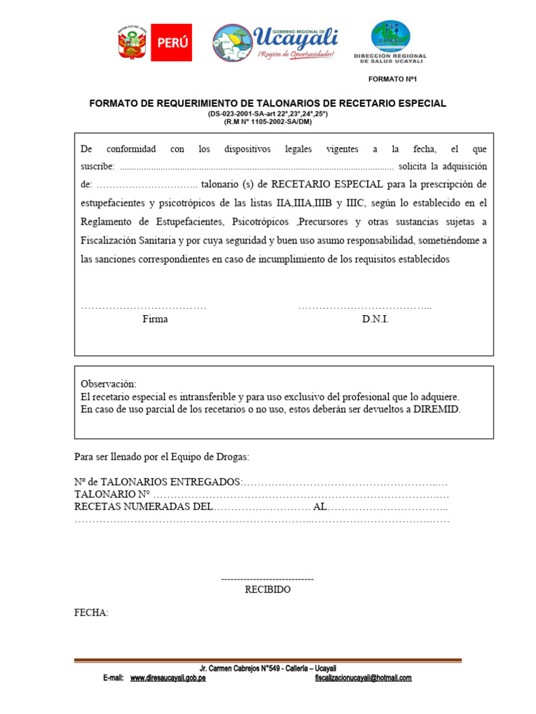 FORMATO Y FICHA RECETARIO ESPECIAL | PDF | Documento de identidad