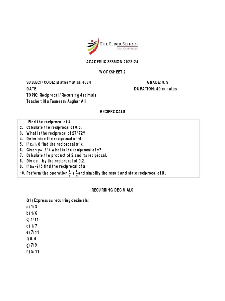 Worksheet 2 Reciprocal and Recurring Decimals 2nd Term | PDF | Teaching ...