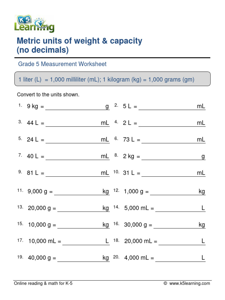 Grade 5 Metric Units Weight Capacity A | PDF | Science & Mathematics