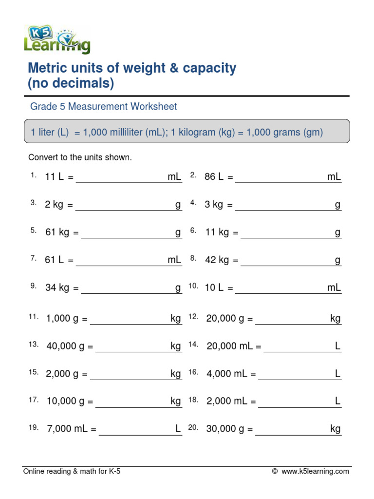 Grade 5 Metric Units Weight Capacity C | PDF | Science & Mathematics