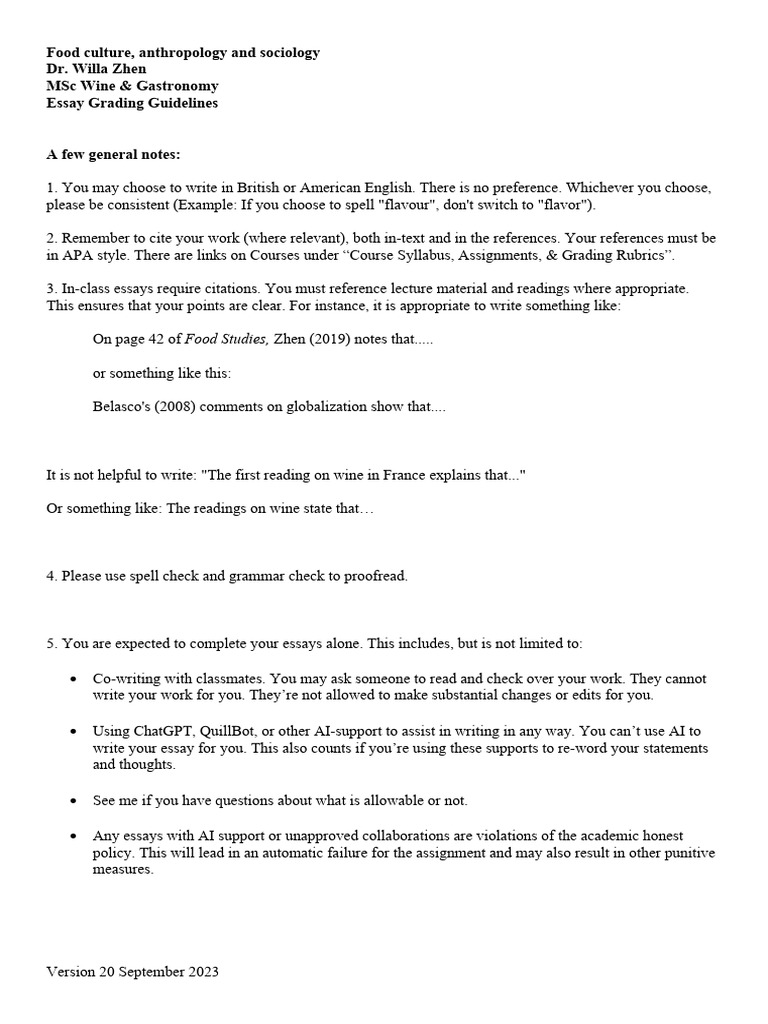 Food Culture Neoma - Grading Rubric For Essay Assignments | PDF ...