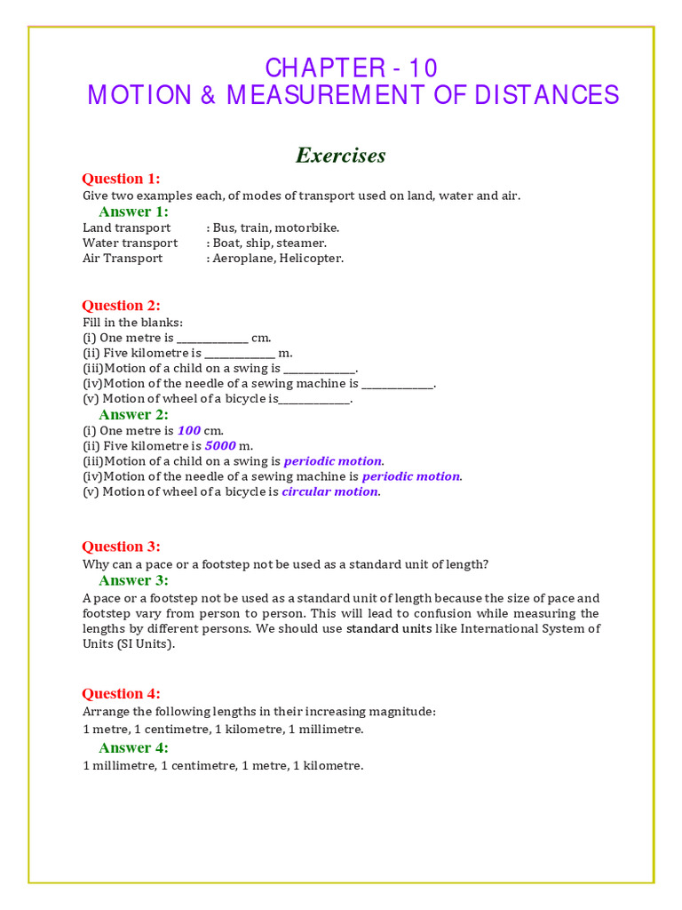 Chapter - 10 Motion & Measurement of Distances: Exercises | PDF ...