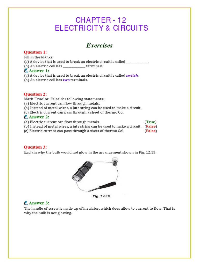 Chapter - 12 Electricity & Circuits: Exercises | PDF | Insulator ...