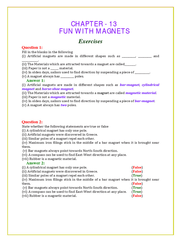 Chapter - 13 Fun With Magnets: Exercises | PDF | Compass | Magnet