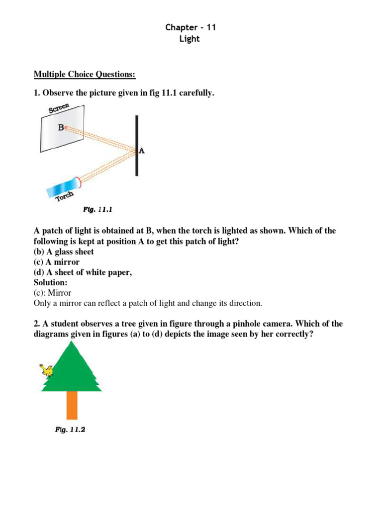 Chapter - 11 Light: (C) : Mirror Only A Mirror Can Reflect A Patch of ...