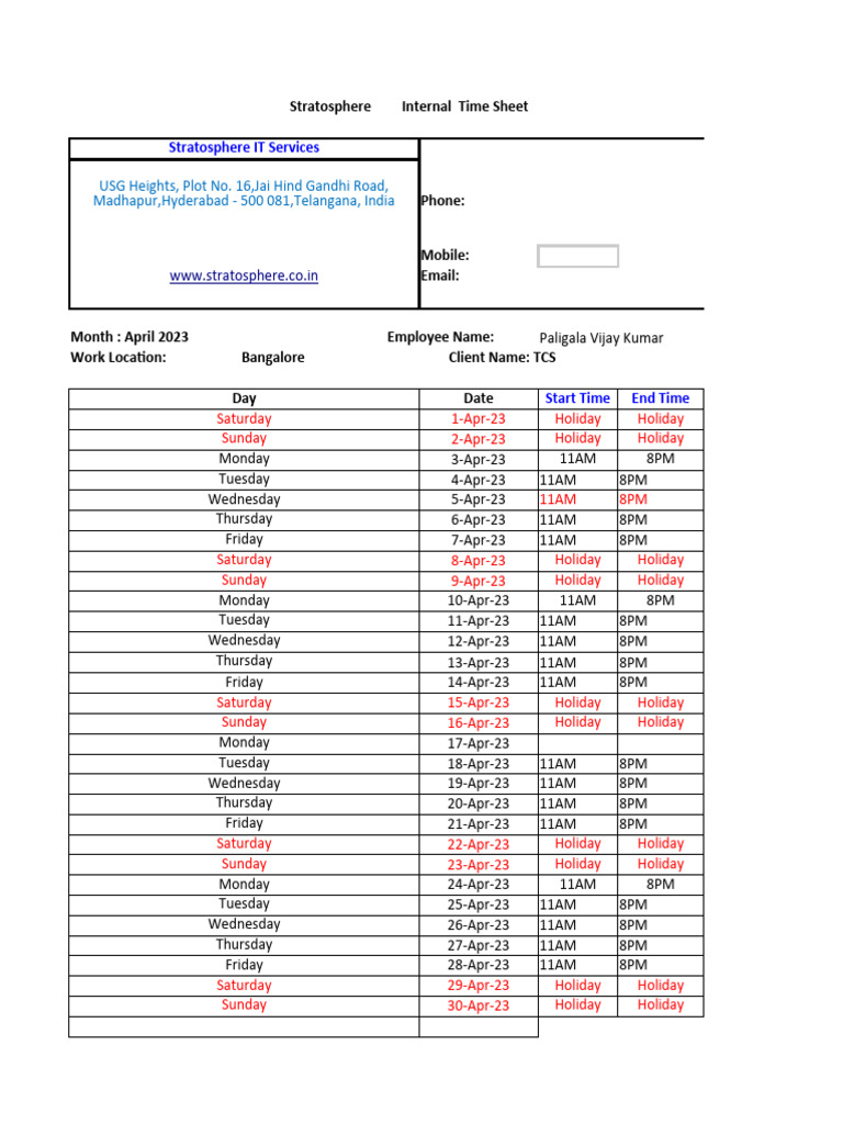 April 2023 - Internal Timesheet | PDF