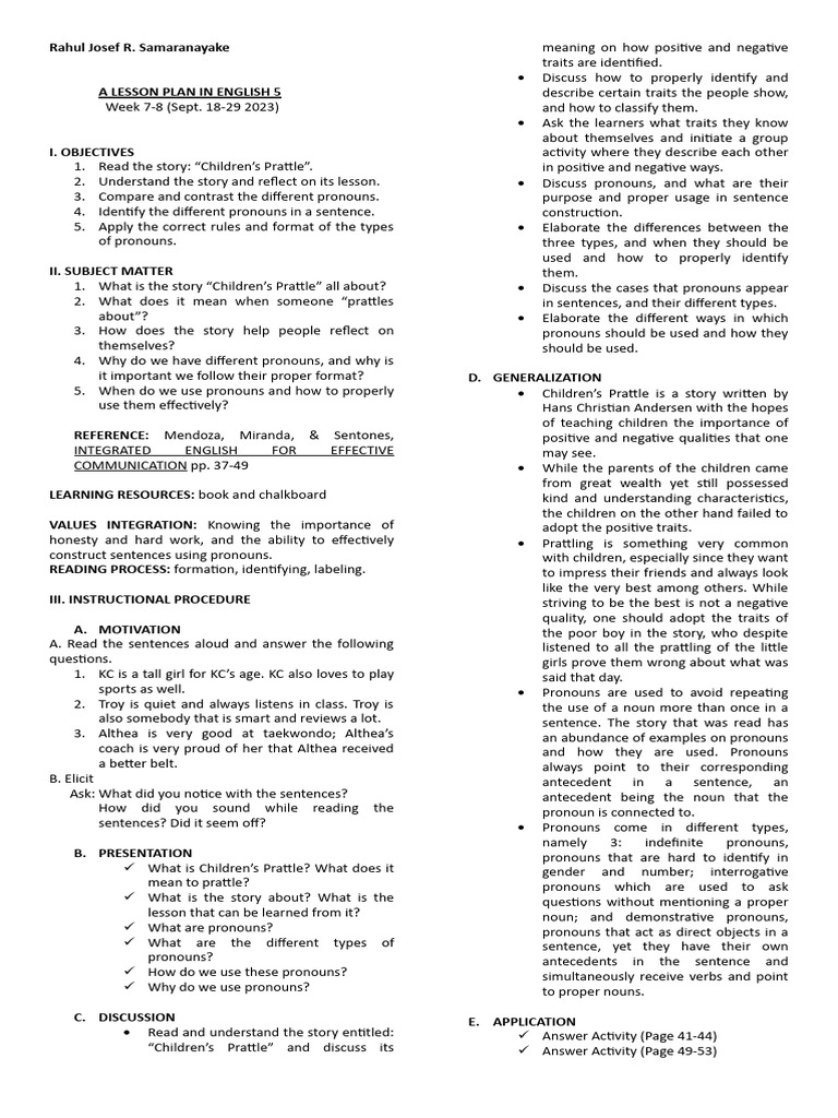 Grade 5 English Lp Pdf Pronoun English Language
