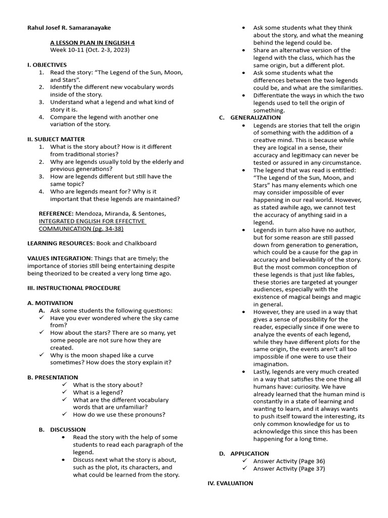 English 4 Lesson Plan Week 10-11 | PDF | Pronoun | Noun