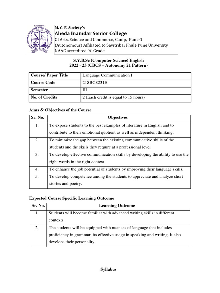 2 AISC English Syllabus | PDF | English Language | Communication