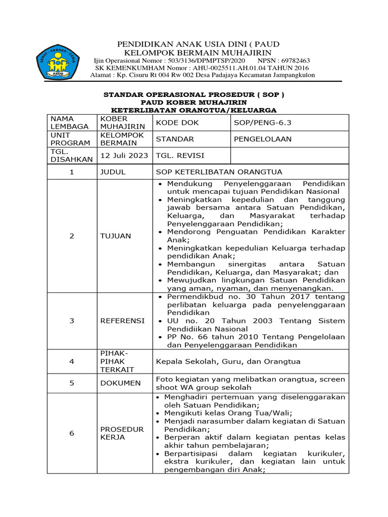 Contoh SOP Pelibatan Ortu PAUD | PDF