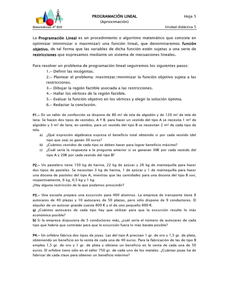 Hoja 5 La Programación Lineal | PDF | Programación lineal