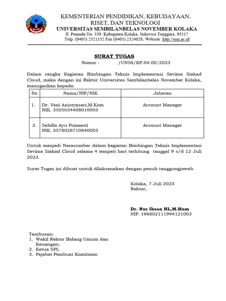 Surat Tugas Pemateri Sevima Siakad Cloud | PDF