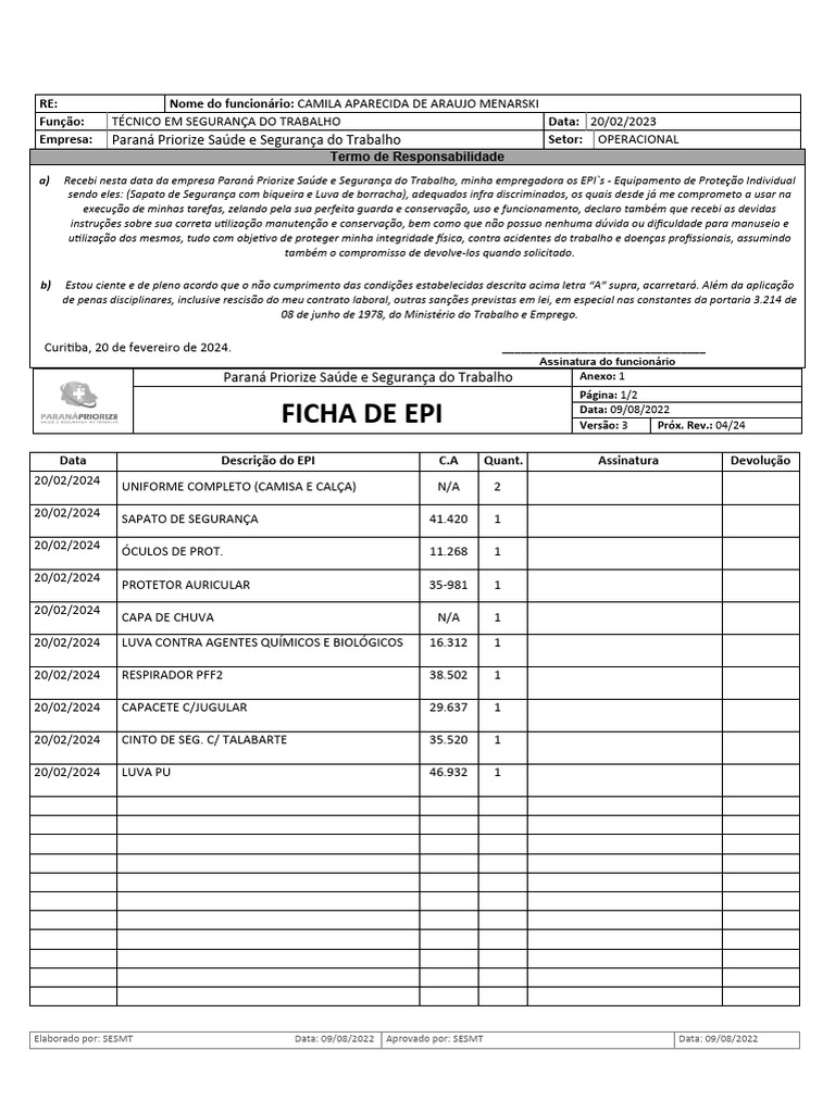 Ficha de EPI - Camila Menarski | PDF | Segurança e saúde ocupacional