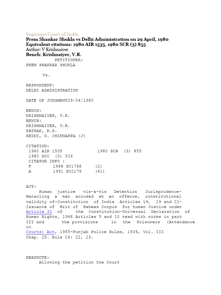 Prem Shanker Shukla Vs Delhi Administration | PDF | Handcuffs | Arrest