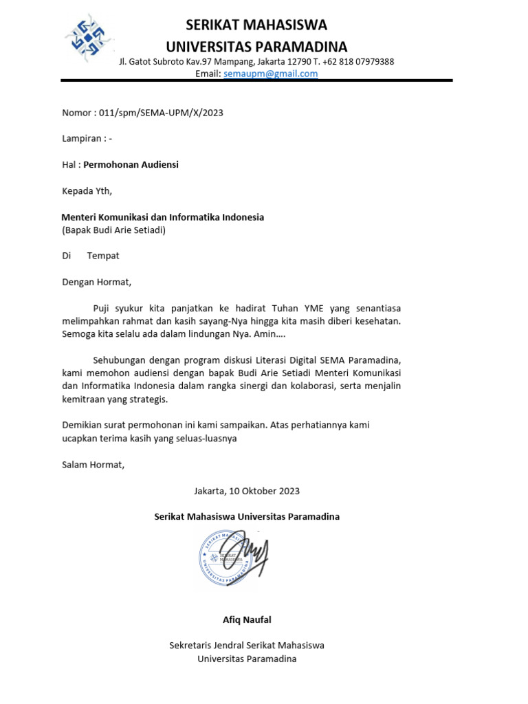 Surat Permohonan Audiensi Menteri Komunikasi Dan Informatika Indonesia ...
