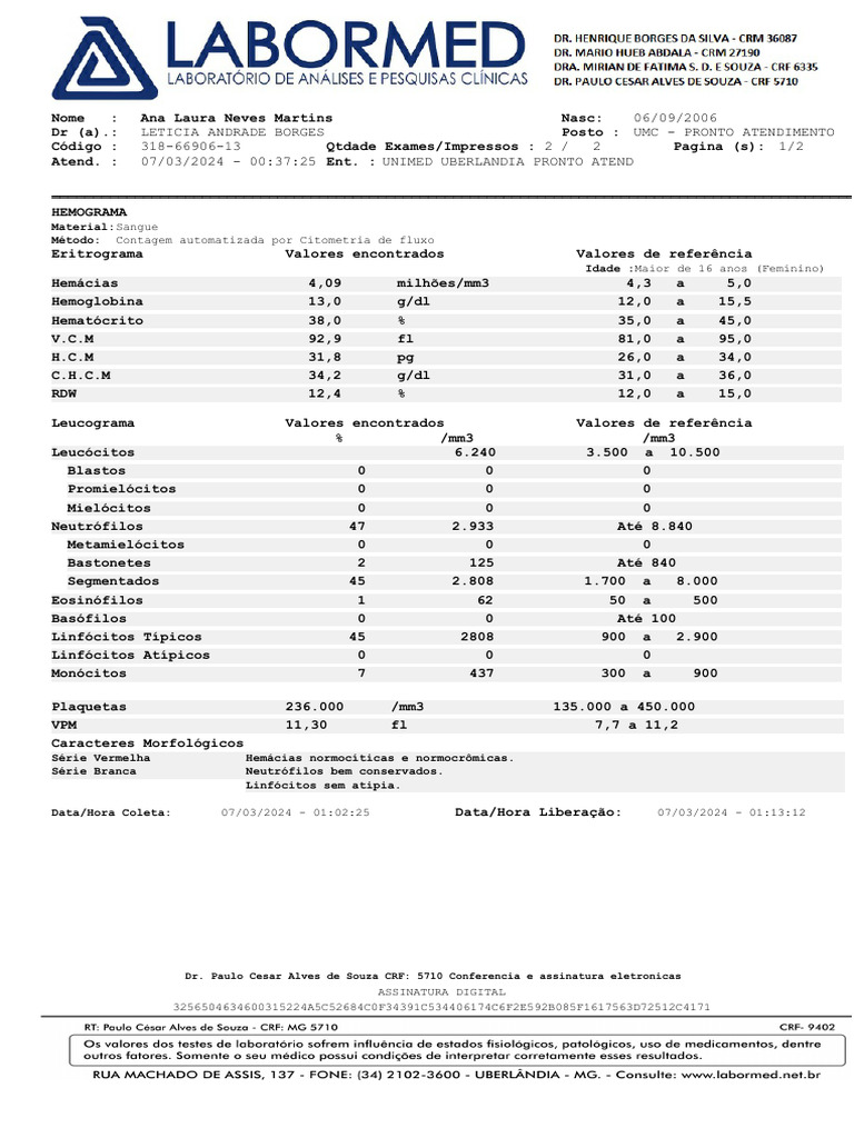 Hemograma Completo Com Beta HCG | PDF | Medicina Clínica | Fisiologia