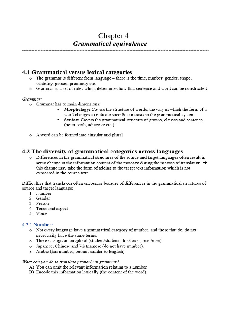 Chapter 4 - Grammatical Equivalence | PDF | Grammatical Number | Grammatical Gender