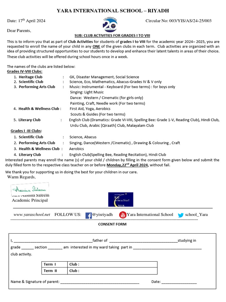 Yara International School - Riyadh: Date: 17 April 2024 Circular No ...