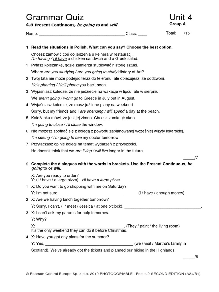 Focus 2 2ed Grammar Quiz Unit4.5 Group L) | PDF