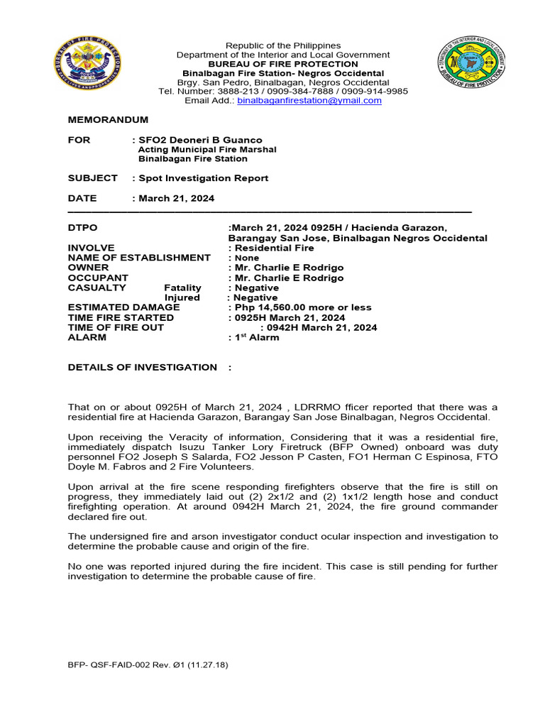 HDA. Garazon, Brgy. San Jose, Binalbagan | PDF | Firefighter | Combustion