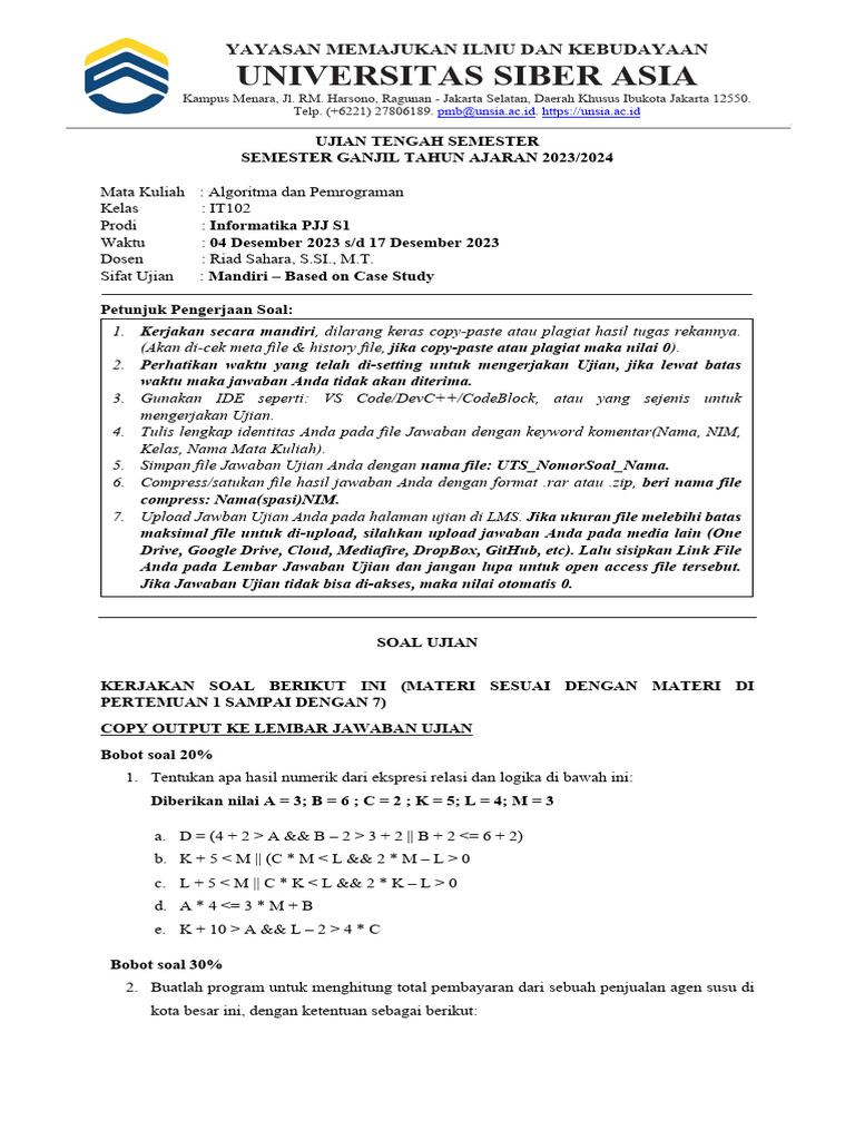 UTS - Algoritma Dan Pemrograman - IT102 | PDF | Karier & Perkembangan | Bisnis