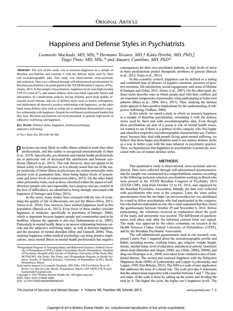 Cópia de Happiness and Defense Styles in Psychiatrists | PDF ...