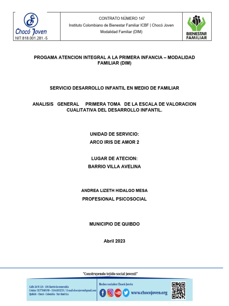 Evaluación Desarrollo Infantil ICBF Chocó | PDF | Desarrollo infantil | Sicología