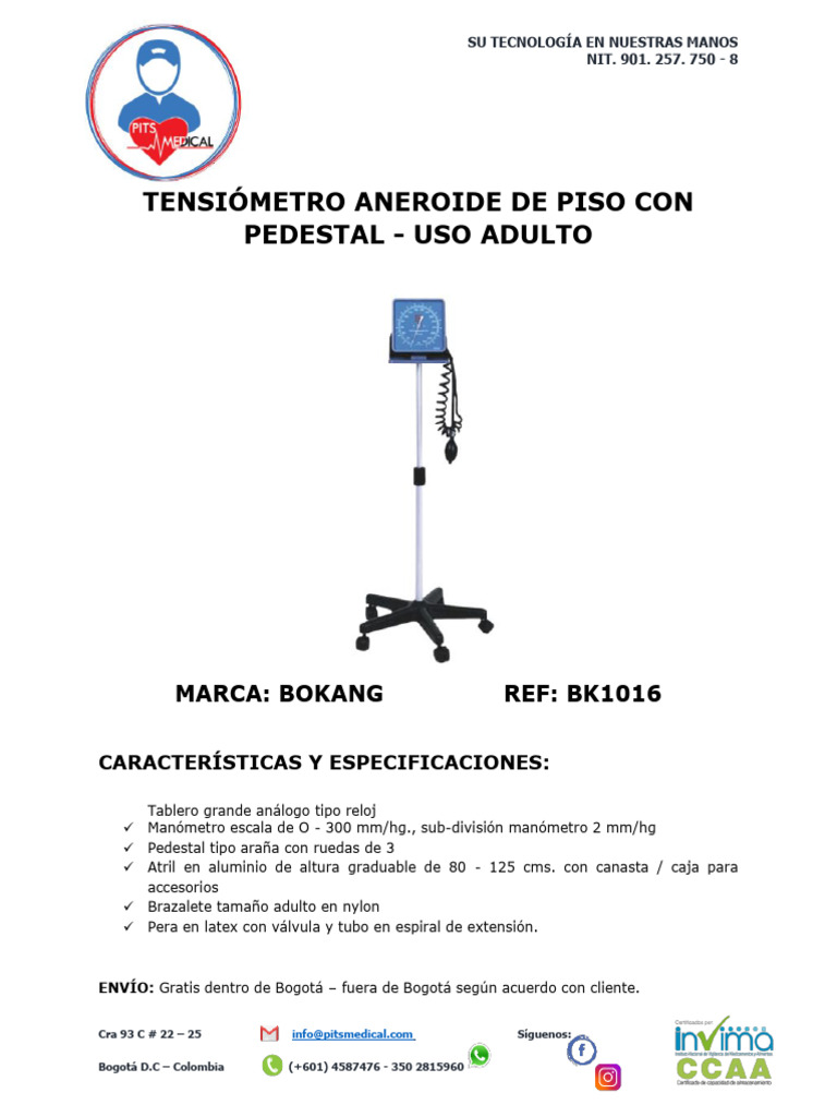 Ficha Técnica - Tensiómetro Aneroide de Piso Con Pedestal - Uso Adulto ...