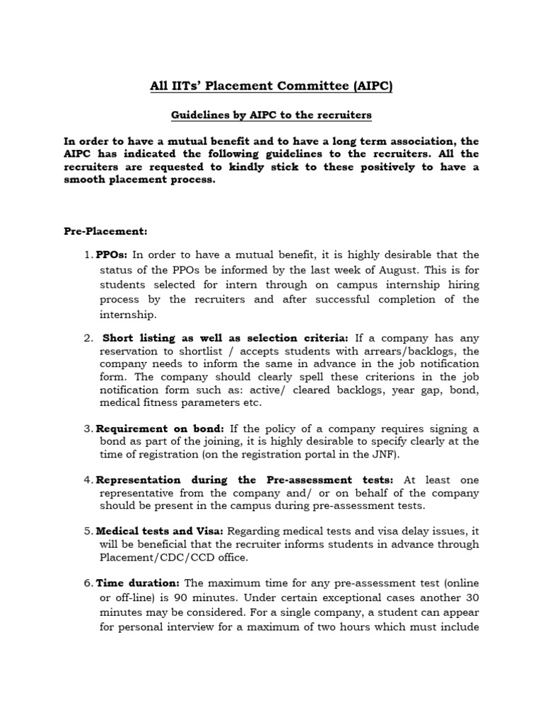 AIPC Placement Guidelines for Recruiters | PDF | Career & Growth | Business