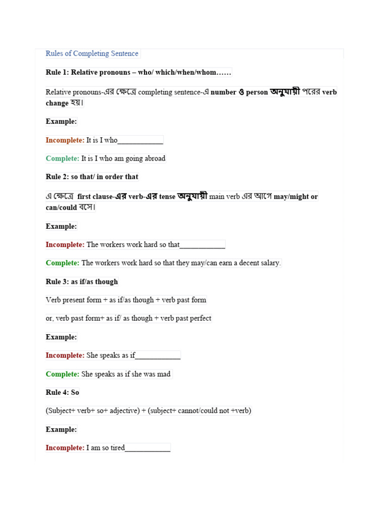 Completing Sentence Class Note | PDF | Verb | Linguistics