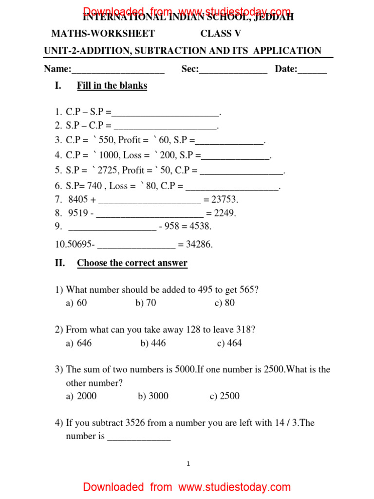 CBSE Class 5 Mathematics Worksheet - Addition Subtraction | PDF