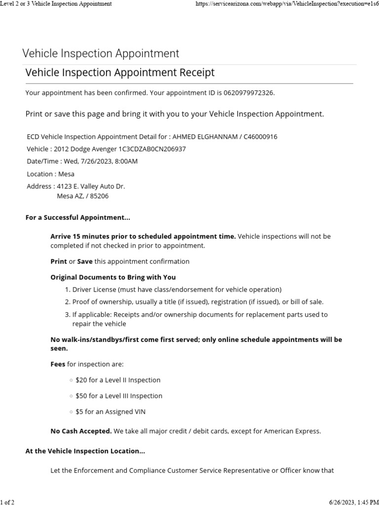 Level 2 or 3 Vehicle Inspection Appointment | PDF | Vehicles