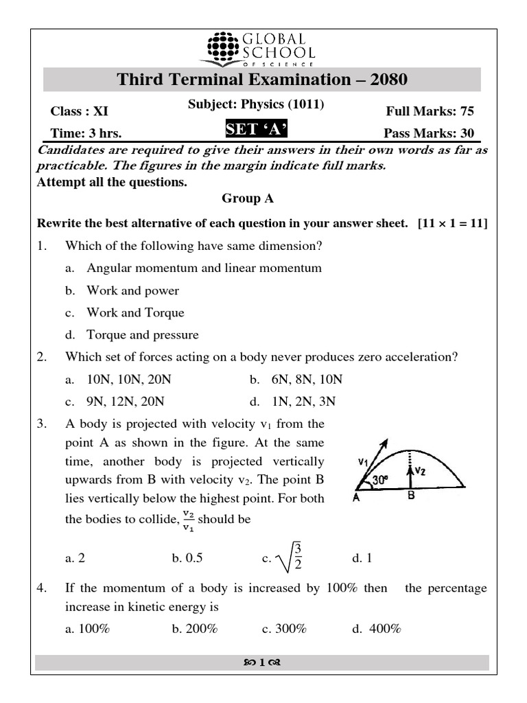 PHY (SET A) - XI 3rdTERM 80 | PDF | Force | Mirror