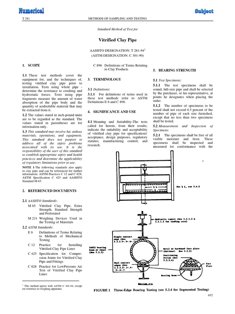 Vitrified Clay Pipe: T 281 Methods of Sampling and Testing | PDF | Beam ...