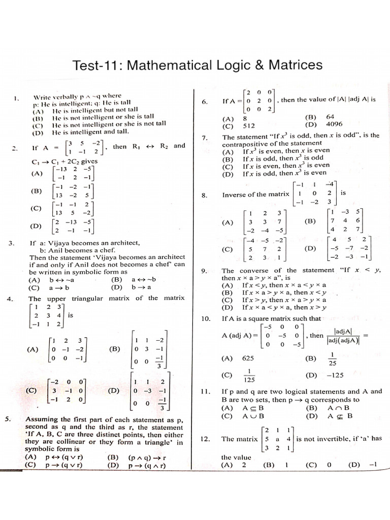 Test-11 - Mathematical Logic & Matrices | PDF
