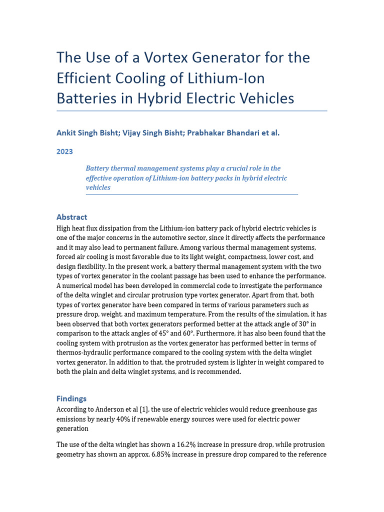 The Use of A Vortex Generator For The Efficient Cooling of Lithium Ion ...