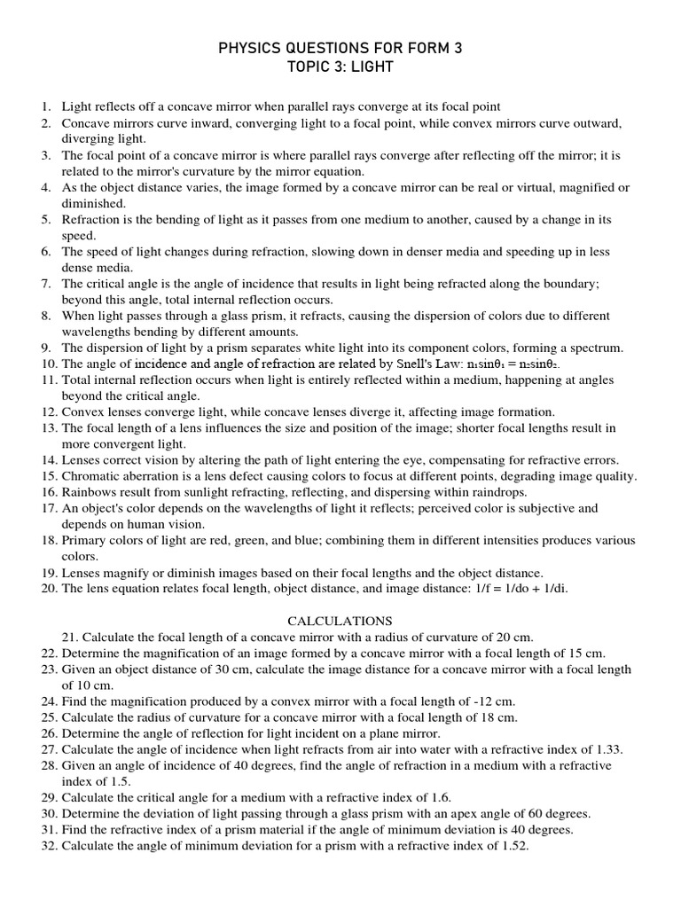 Form 3 Physics: Light Questions & Answers | PDF | Refraction | Mirror