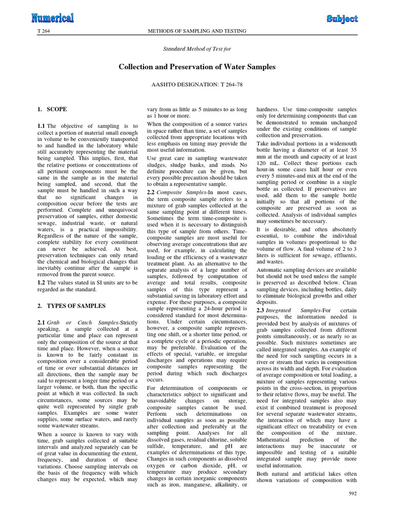 Collection and Preservation of Water Samples: 1. Scope | PDF | Sewage ...