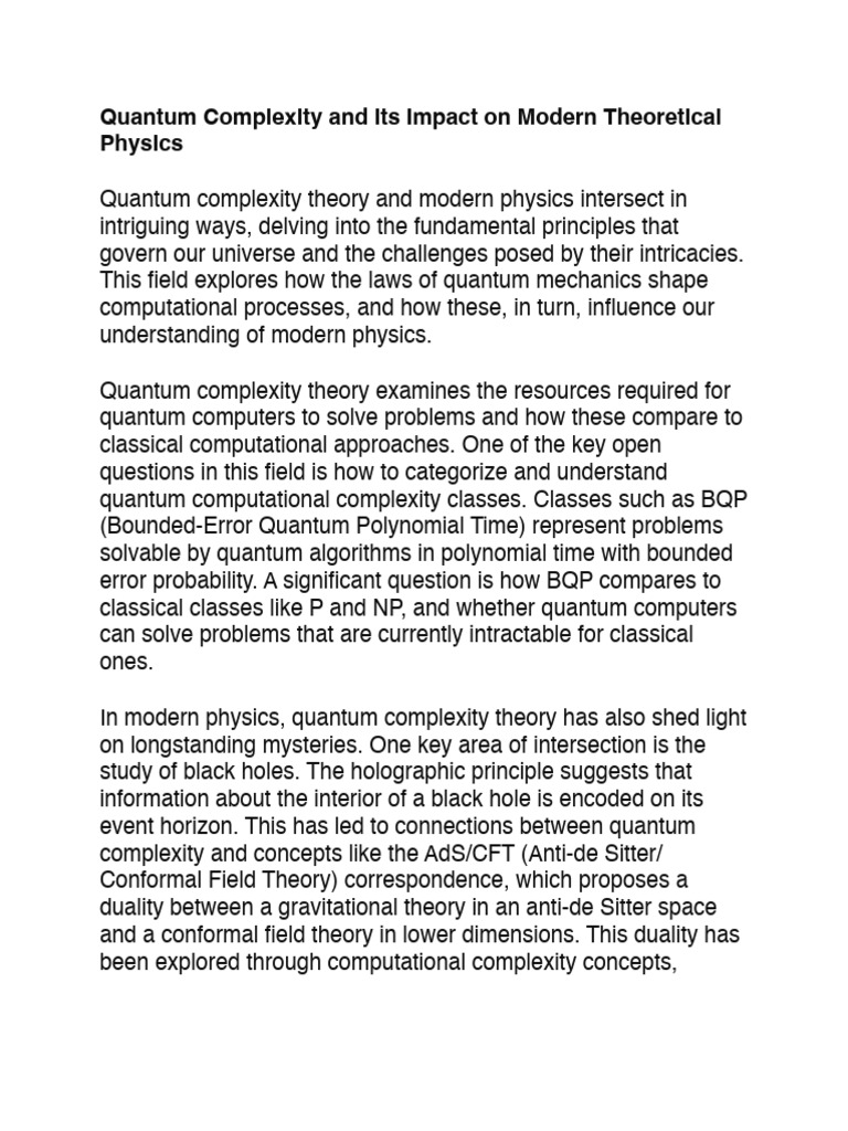 Quantum Complexity and Its Impact On Modern Theoretical Physics | PDF | Computational Complexity ...
