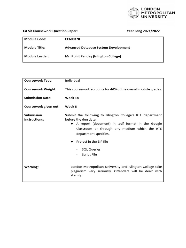 Advanced Database System Development Y21 (1st Sit) - CW QP | Download ...